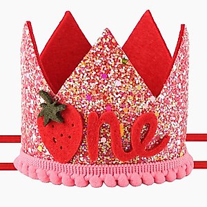 PEUTIER Strawberry 1st Birthday Hat for Baby Girls, Pink Sequin Berry Headwear First Birthday Decoration Sweet One 1st Birthday Headband for Baby Shower Party Decor Photo Props
