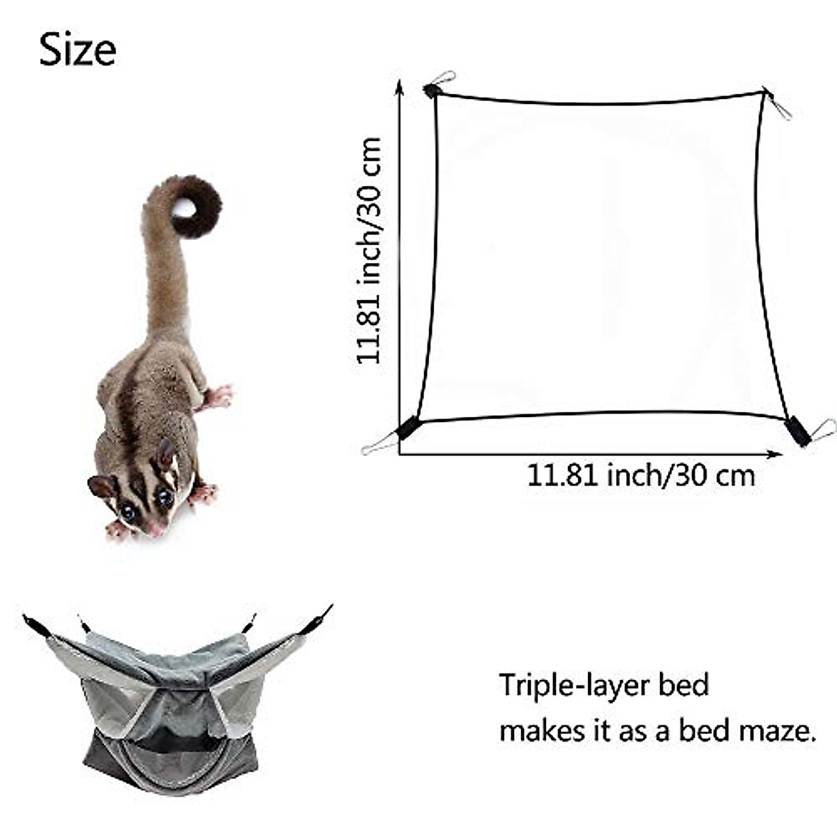 Oncpcare Small Pet Cage Hammock, Triple-Layer Sugar Glider Hammock, Hamster Cage Accessories Bedding Cozy Small Animals Bed for Chinchilla Parrot Sugar Glider Ferrets Rat Hamster Rat Playing Sleeping
