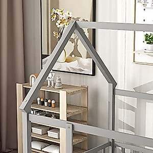 ZJIAH Full Size Floor Bed for Kids, Montessori Bed Frame Full Size with Fences, Wood Full Floor House Beds with Safety Guardrails for Teens Girls and Boys, No Box Spring Needed