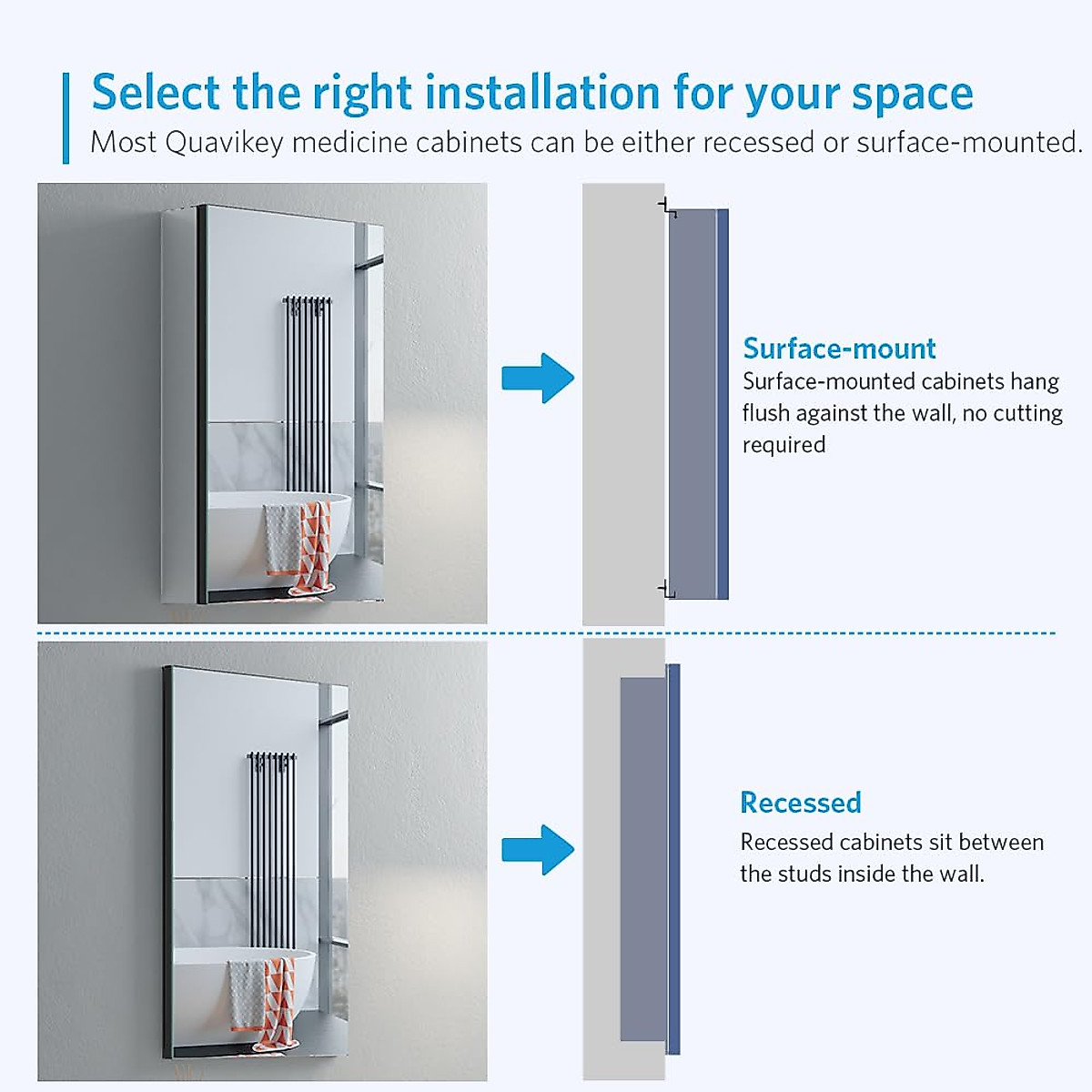Quavikey Medicine Cabinet with Aluminum Recessed or Surface Mount Bathroom Mirror with Storage 16x26 Inch, Black