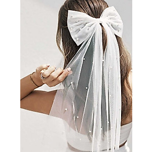 JAKAWIN Bride Wedding Bow Knot Veil White Tulle Hair Clip Bridal Pearl Short Veils Hair Piece Bachelorette Party Hair Accessories for Women FJ04