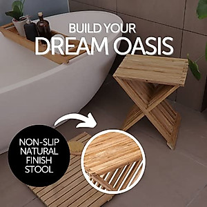 Nordic Style Assembled Bathroom, Spa Teak Wood Folding Stool and Seat 17.7" (Natural Finish, Beige)