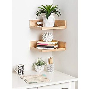 Kate and Laurel Levie Rustic Modern Floating Corner Wood Wall Shelves, 12 x 12 Inches, 2 Pack, Natural