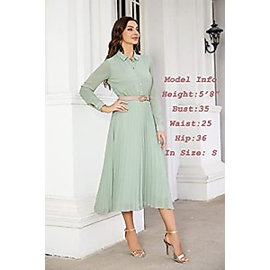 AbleTree Business Casual Shirt Dress for Women Long Sleeves Pleated Midi Dresses with Belt Mint Green