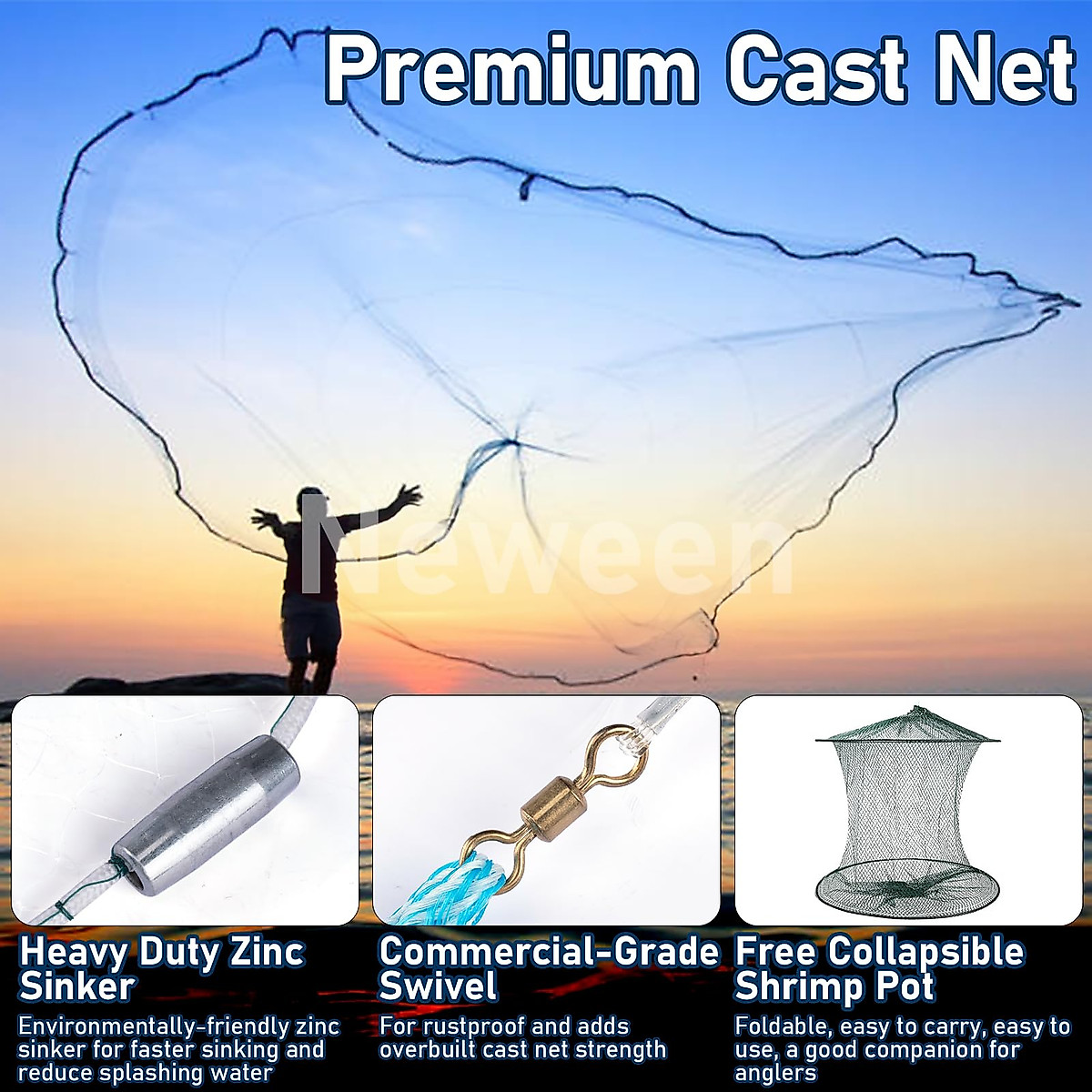 Cast Net for Fishing with Shrimp Cage, American Freshwater Saltwater 4/6/8Ft Radius Casting Net Bait Trap Fish, Heavy Duty Zinc Sinker, 3/8 Inch Mesh Size
