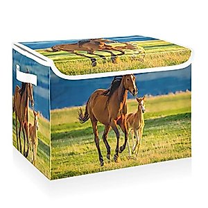 CaTaKu Brown Horse Prairie Storage Bins with Lids and Handles, Fabric Large Storage Container Cube Basket with Lid Decorative Storage Boxes for Organizing Clothes