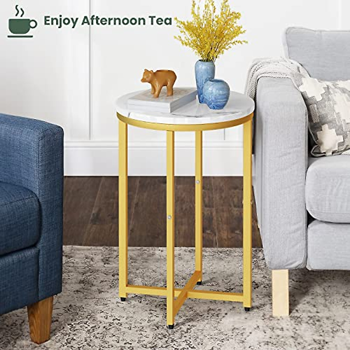 DKLGG Modern Gold Side Table, Small Coffee Table Round End Table with Gold Frame, Marble Side Table Bedside Table for Living Room, Bedroom, Small Space, 16" D*24" H