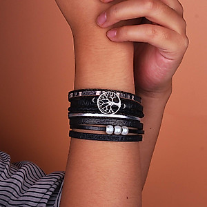 FANCY SHINY Tree of Life Leather Wrap Bracelet Inspirational Cuff Bangles Boho Pearl Bracelets with Clasp Unique Jewelry Gifts for Women(Black)