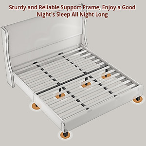 LIKIMIO King Bed Frame with 53.6" High Headboard, Upholstered Cama King Beds with Wood Slat Supports, No Box Spring Required, Easy Assembly, Cream