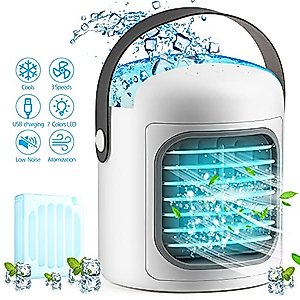 Portable Air Conditioner 4 in 1 Personal Air Cooler Fan with 4 Ice Tray USB Rechargeable Mini Quiet Evaporative Humidifier with 7 LED Light Battery Operated 3 Wind Speed Desktop Cooler for Home/Office