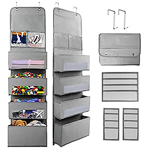 FGSAEOR 5-Shelf Over The Door Hanging Organizer, Closet Organizers and Wall Mount Storage with Clear PVC Window Pocket & 2 Hooks for Nursery Closet Storage, Pantry, Bedroom, Baby Diapers (1Pack-Grey)