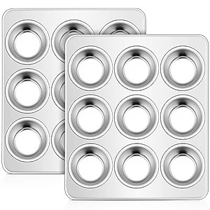Herogo 2 Pack Stainless Steel Muffin Pan Tin for Baking, 9-Cup Metal Nonstick Cupcake Molds Tray Set for Making Egg Muffin, Mini Brownie, Easy to Clean & Quick Release, Oven & Dishwasher Safe