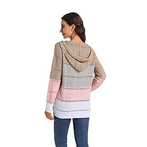 Vemodoo Women'S Hoodie Ladies Sweatshirts Lightweight Sweaters For Women Women's Color Block Knit Hoodies Sweaters V Neck Drawstring Lightweight Pullover Sweatshirts Khaki Large