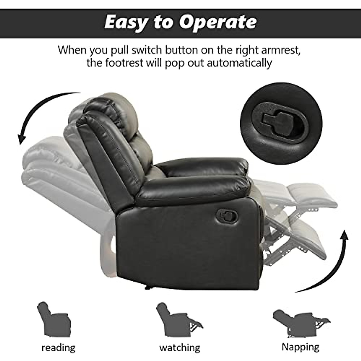 ANJ Manual Recliner Chair, Breathable PU Leather Reclining Chair, Extra Wide Recliners with Overstuffed Arm and Back, Single Sofa Chair for Living Room Bedroom(Black)