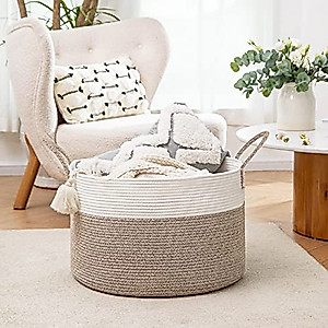 INDRESSME Cotton Rope Basket Extra Large Woven Basket for Blankets Toy Basket Baby Laundry Basket with Big Handles Rope Hamper Storage Bin for Organizer Toy Pillow Living Room, 21 D x 14 H Inches