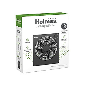 HOLMES 10" Personal Fan, Rechargeable Battery, 3 Speed Settings, Lightweight and Portable, USB Cable, Carrying Handle, Home and Office, Black Finish