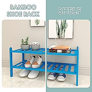 quiqear Bamboo Shoe Rack, 2 Tier Shoe Rack Organizer, Stackable & Durable Shoe Shelf Holder, Free Standing Shoe Racks, Shoe Storage Organizer for Entryway, Closet, Hallway (Blue)