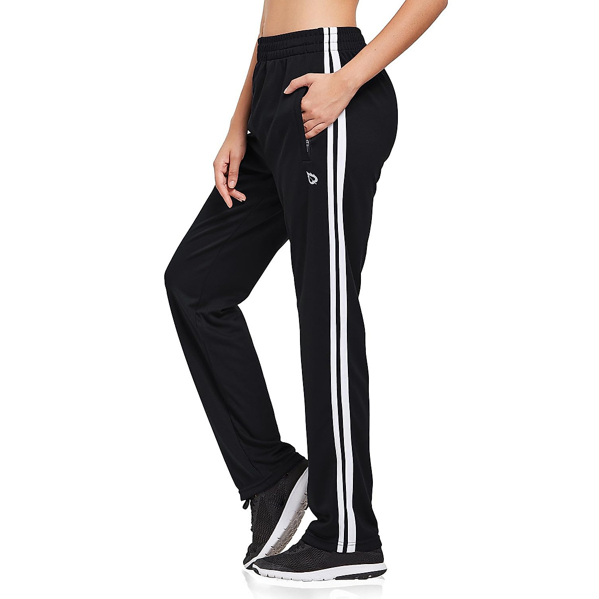 BALEAF Women's Track Pants Athletic Jogging Sweatpants Zipper Pockets Warm-Up Sports Running Pants Black/White Size L