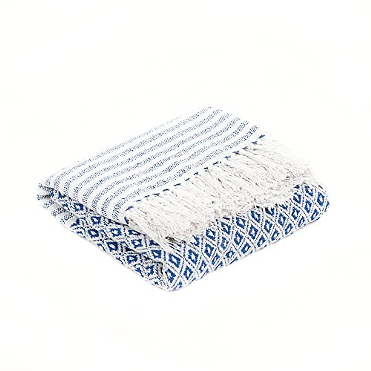 Indian Haat Bazaar Throw Blanket - Pure Cotton Diamond Pattern Countryside Boho Farmhouse Soft and Warm Cozy Blanket & Throws for Sofa - Blue - 50x60 Inches (TRW00001-NB-5060)