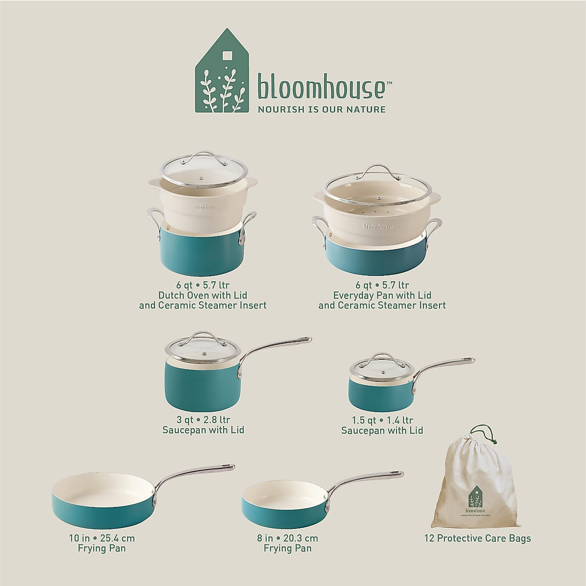 Bloomhouse - Oprah's Favorite Things - 12 Piece Aluminum Pots and Pans Cookware Set w/Non-toxic Ceramic Non-stick, Ceramic Steamer Insert, & 12 Protective Care Bags - Agave Blue