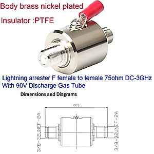Lightning Surge Protector F Female to F Female DC-3 GHz 75 ohm with 90 V Gas Tube Surge Arrester (Lightning Arrester F Female to Female)