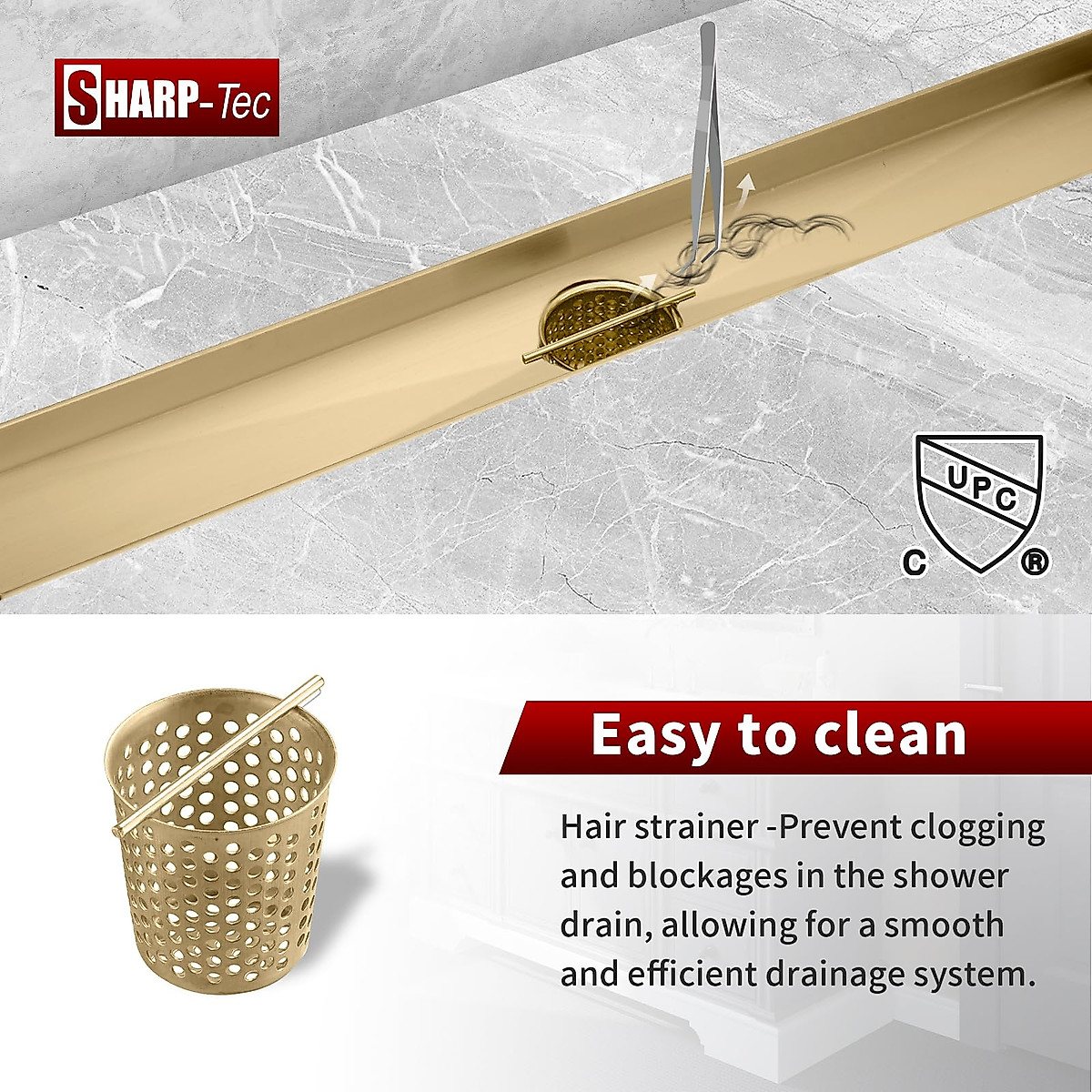 Sharp-tec Shower Drain, 32 inch Linear Shower Drain, Brushed 304 Stainless Steel Rectangular Shower Floor Drain with Adjustable Leveling Feet, Hair Strainer, cUPC Certified, ST-092-32G