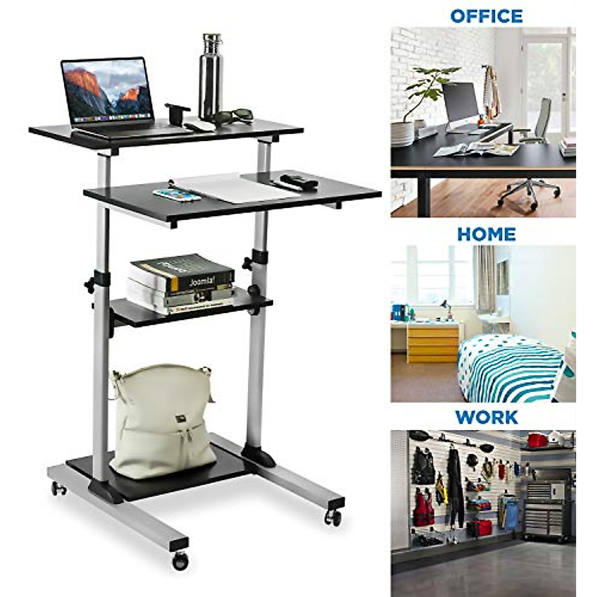 Mount-It! Mobile Standing Desk/Height Adjustable Stand Up Computer Work Station | Rolling Presentation Cart with 27.5 Inch Wide Platform, Locking Wheels