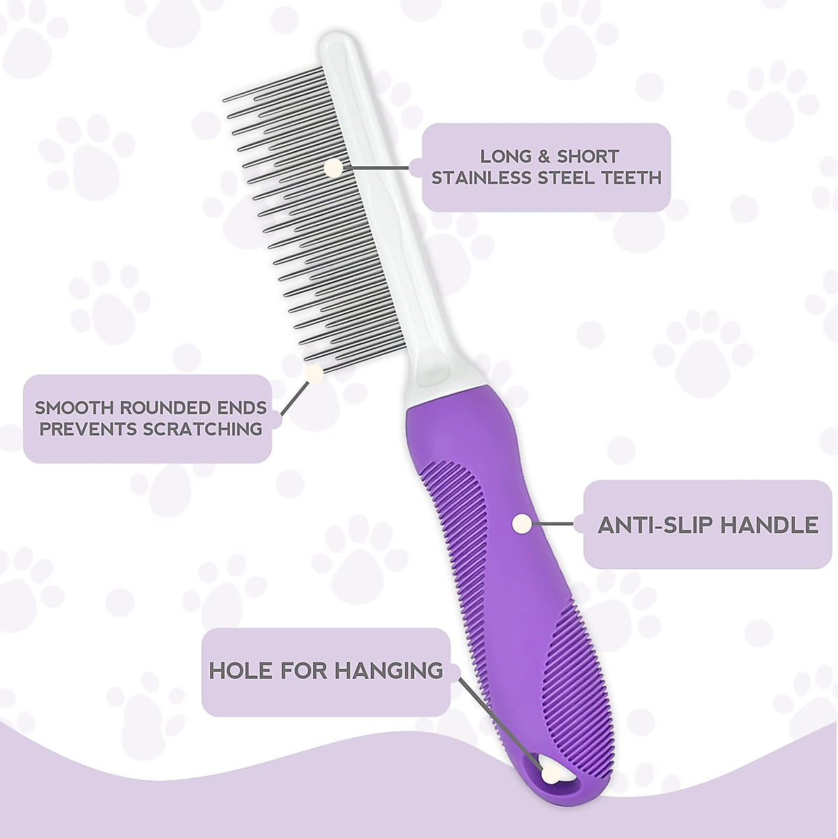 Detangling Pet Comb for Dog & Cat, Grooming Comb with Long & Short Stainless Steel Teeth, Safely Remove Knots & Tangles for Healthy Shiny Coat, Gentle Effective Detangling Tool for Pet Hair (Purple)