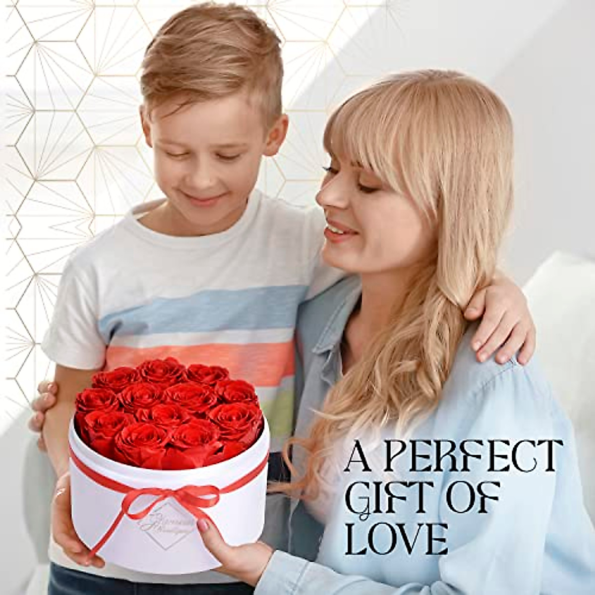 GLAMOUR BOUTIQUE Forever Flower Gift Box: 12 Real Preserved Roses in Round Velvet White Box, Handmade, Rose Petals, Birthday, Marriage,Anniversary, Graduation - Red