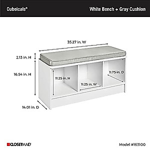 ClosetMaid 1631 Cubeicals 3-Cube Storage Bench, White with Gray Cushion
