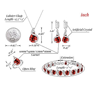 GZWHD Red Jewelry Set Created Waterdrop Garnet Earrings Necklace Open Ring Tennis Bracelet Set, Silver-Tone,Party Prom Wedding Jewelry Valentine's Day Gift for Women Lady