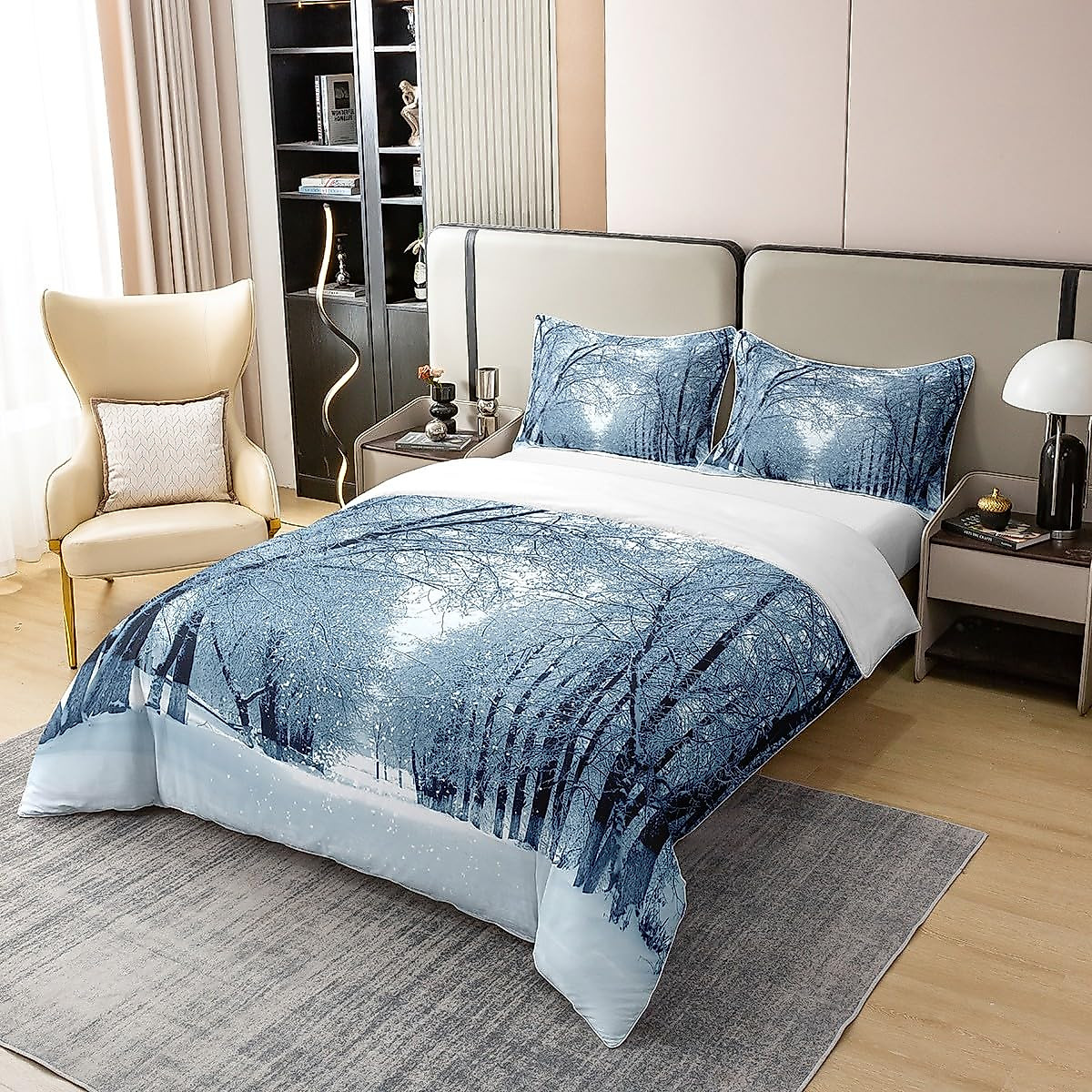 Erosebridal 100% Natural Cotton Winter Duvet Cover Queen, Blue Snow Snowstorm Bedding Set, Park Winter Landscape Scene Comforter Cover, Snowy Woodland Trees Bedroom Decor Soft Breathable Quilt Cover