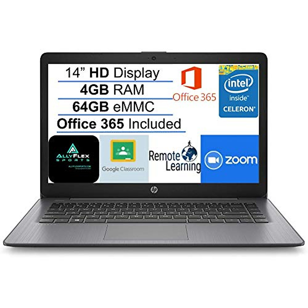 Newest HP Stream 14" HD SVA Laptop Computer, Intel Celeron N4000 Processor, 4GB RAM, 64GB eMMC Flash Memory, 1-Year Office 365, HDMI, Bluetooth, Windows 10, Black, AllyFlex MP, Online Class Ready