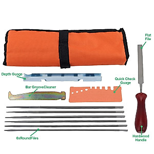 HeyCarb Chainsaw Sharpener File Kit Contains 5/32, 3/16, 7/32, 11/64, 9/64, 13/64 Inch Files, Wood Handle, Depth Gauge,Flat File, Quick Check Gauge,Cleaner,Pouch - for Sharpening and Filing Chainsaws