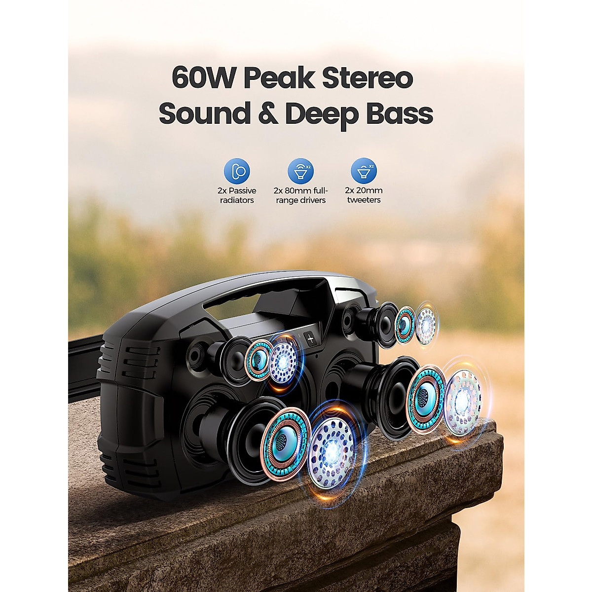 Portable Wireless Bluetooth Speaker, 40W (60W Peak) Loud Sound IPX7 Waterproof Speakers, 32H Playtime, Outdoor Speaker, Rich Bass, BT 5.0, TWS Pairing, Built-in Mic, for Party, Pool, Beach, Gifts