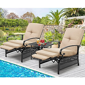 AECOJOY Outdoor Recliner Chair, Patio Outdoor Lounge Chairs with Adjustable Back, Pool Lounge Chairs with Beige Olefin Cushions (Removable)
