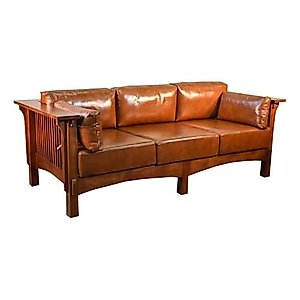 Crafters and Weavers Mission Crofter Style Sofa - Solid Quarter Sawn White Oak and Leather Cushions (Russet Leather)
