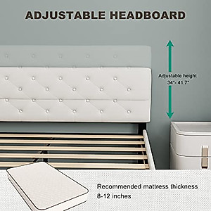 IKIFLY California King Bed Frames with Adjustable Headboard, Modern Upholstered Cal King Platform Bed with LED Lights & 2 USB Ports, Strong Wood Slat Support, No Box Spring Needed - White