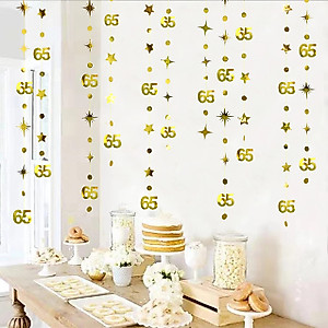 Gold 65th Birthday Decorations Number 65 Circle Dot Twinkle Star Garland Metallic Hanging Streamer Bunting Banner Backdrop for 65 Year Old Birthday Happy 65th Anniversary Sixy Five Party Supplies