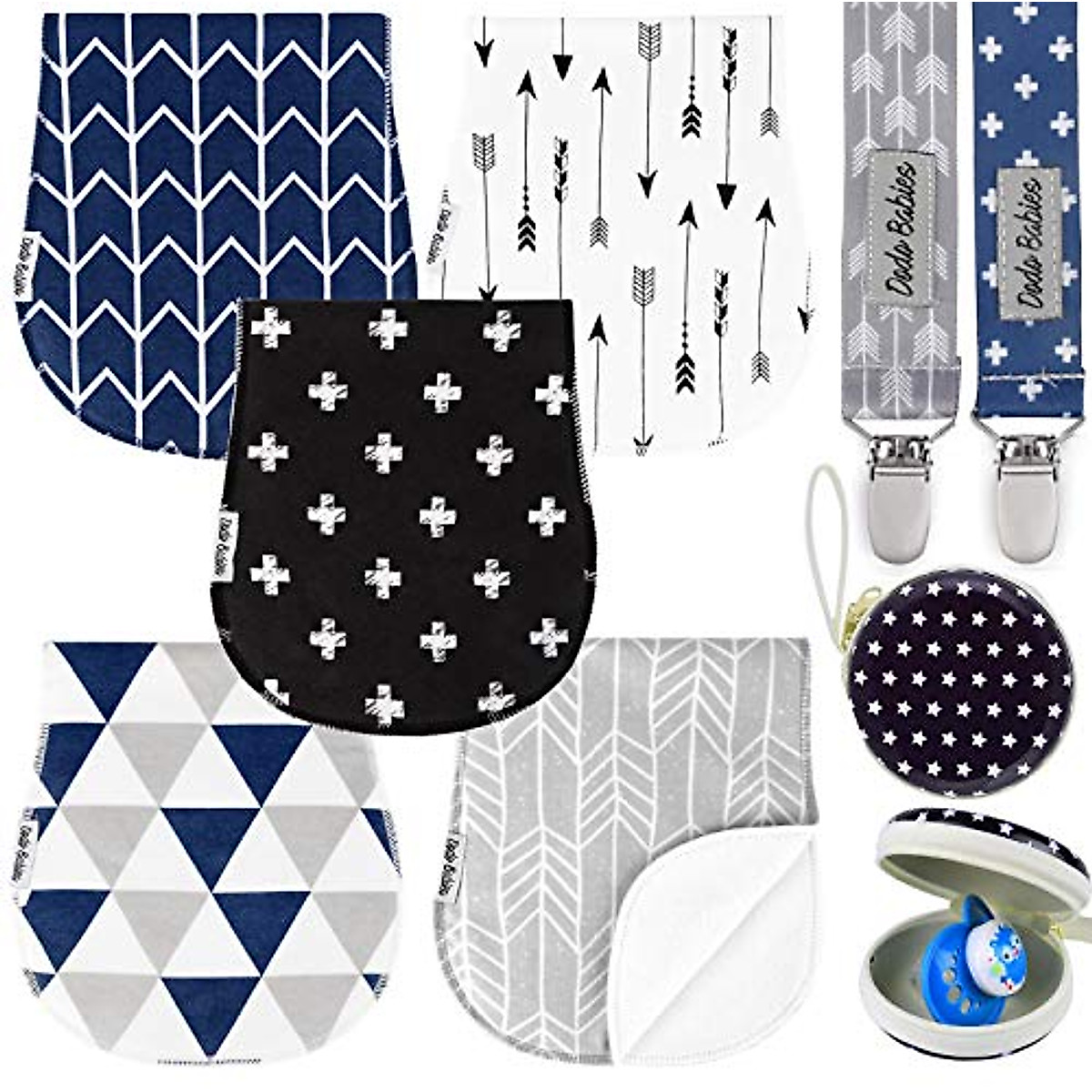 Dodo Babies 5-Pack Baby Burp Cloths - Soft, Absorbent Cotton Burp Cloths - Includes Pacifier Case and 2 Pacifier Clips - Colors: Black, Blue and Grey
