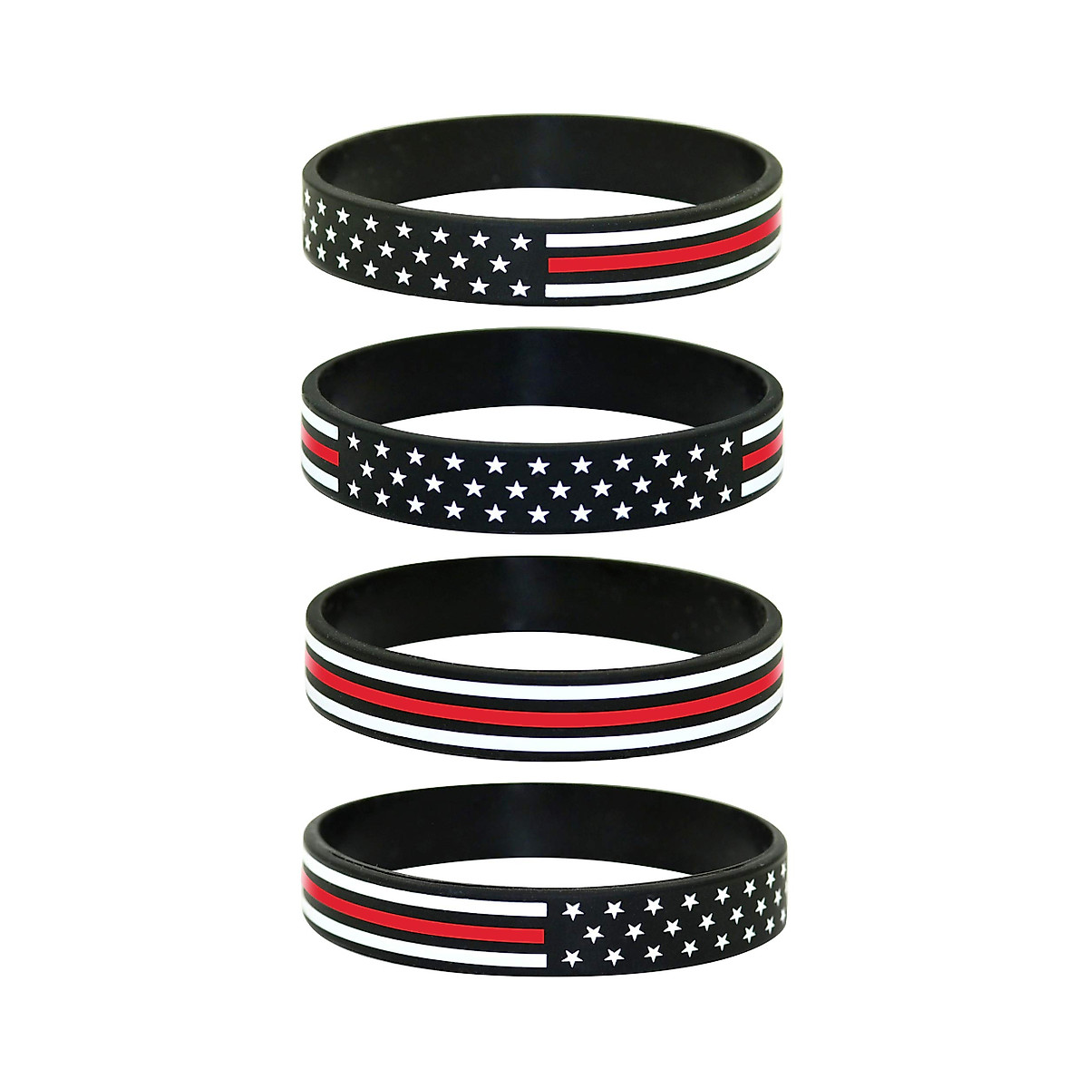 Great 1 Thin Red Line American Flag Silicone Stretchable Bracelet 4-Pack - Fireman Firefighter