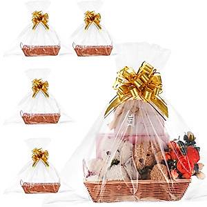 Soaoo 4 Set Baskets for Gifts Empty Bulk 14 x 10 x 2.8 Inch Christmas Large Wicker Storage Basket with Handle and Gift Bags and Golden Bows for Christmas Thanksgiving Party DIY Gifts