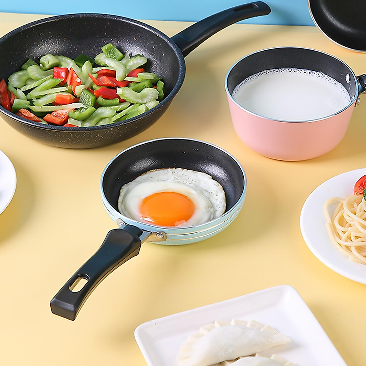 Zoofen 4.7" Frying Pan Mini Round Egg Skillet Non Stick One Egg Fry Pan Breakfast Pan with Long Handle(Blue)