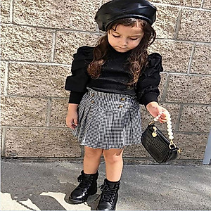 Sasaerucure Kids Toddler Baby Girl Outfit Knitted Long Puff Sleeve Sweater Tops with Houndstooth Skirt 2pcs Winter Spring Clothes Set (Black, 6-7 Years)