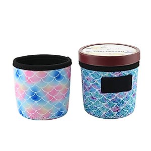 2 Pack Mermaid Pattern Print Size Ice Cream Sleeves Cozy Neoprene Cover with Spoon Holder Cover (Fish-Scale)
