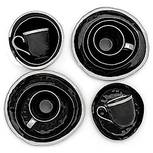 Elanze Designs 16-Piece Metallic Bubble Porcelain Ceramic Plates Bowls Mugs Dinnerware Set - Service for 4, Black With Silver Accents