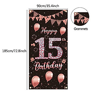 Lnlofen 15th Birthday Door Banner Decorations for Girls, Large 15 Year Old Birthday Party Door Cover Backdrop Supplies, Rose Gold Happy 15th Birthday Poster Sign