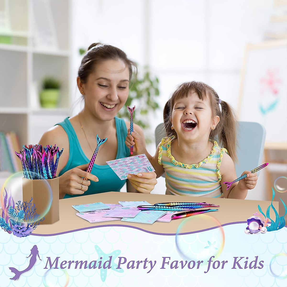 Ireer 48 Pcs Mermaid Pens and Mermaid Note Pads Set Mermaid Party Favors Mermaid School Supplies Cute Sticky Note Pads with Gel Ink Pen for Girls Birthday Gift Decorations School Classroom Awards