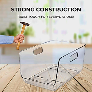 TidyFriend Plastic Stackable Bins for Pantry, 4 Pack Stacking Bins Open Front, Toy Organizers, Kitchen, and Bathroom Essentials (Clear- Hole Handle)