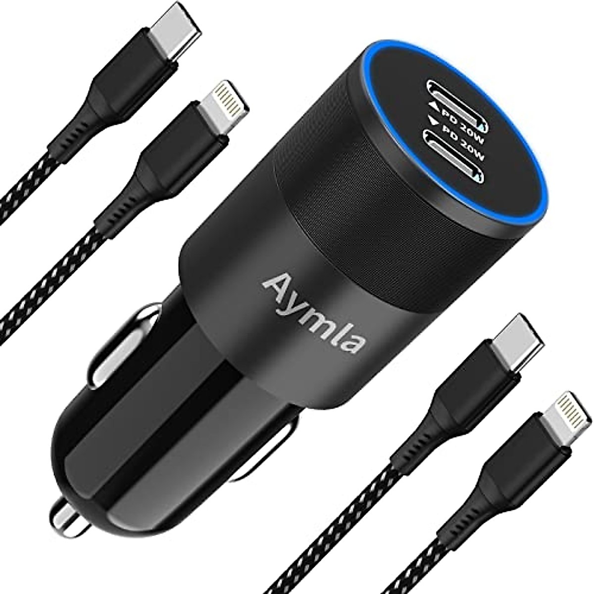 [Apple MFi Certified] Aymla Dual 20W USB C Fast Car Charger for iPhone 14 Pro Max/14 Plus/13/12/mini/11/XS/XR/X/8/Plus, 40W PD Cigarette Lighter Adapter with 2 Pack Type C to Lightning Cable 3.3ft